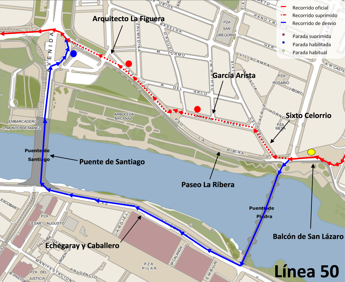 Desvío línea 50. Corte Paseo de la Ribera